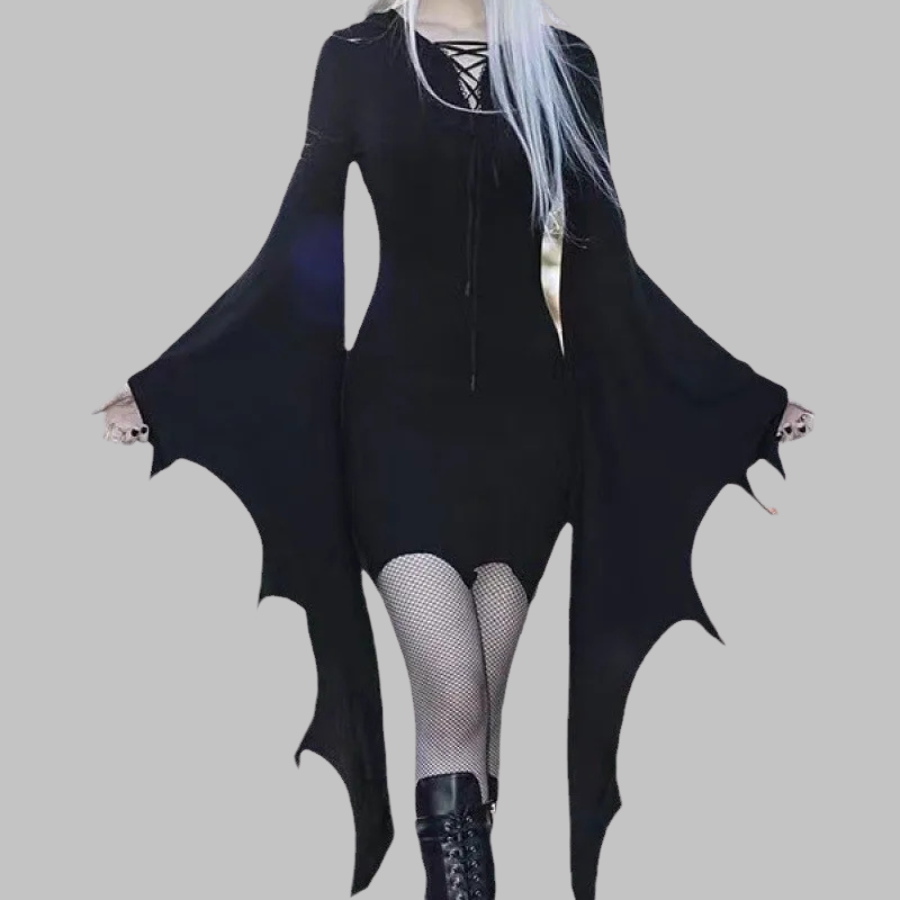 Black Gothic Batwing Dress with Wing-Shaped Sleeves | Gotyka