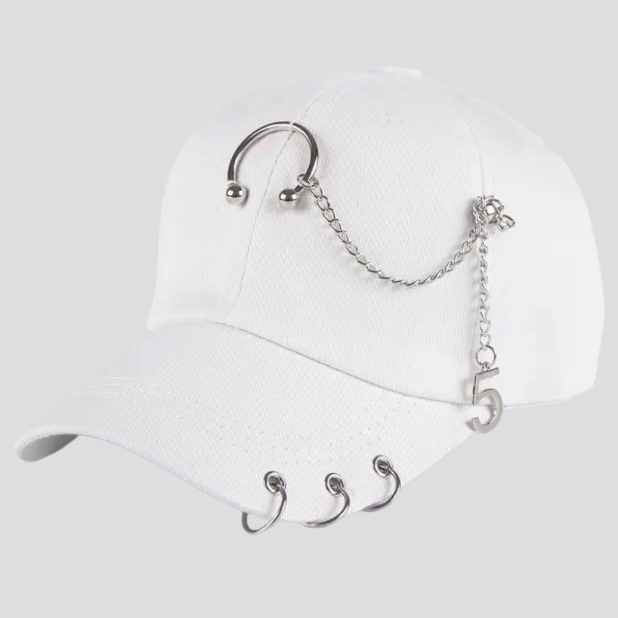 White Grunge Punk Hat with Piercings and Chain | Gotyka