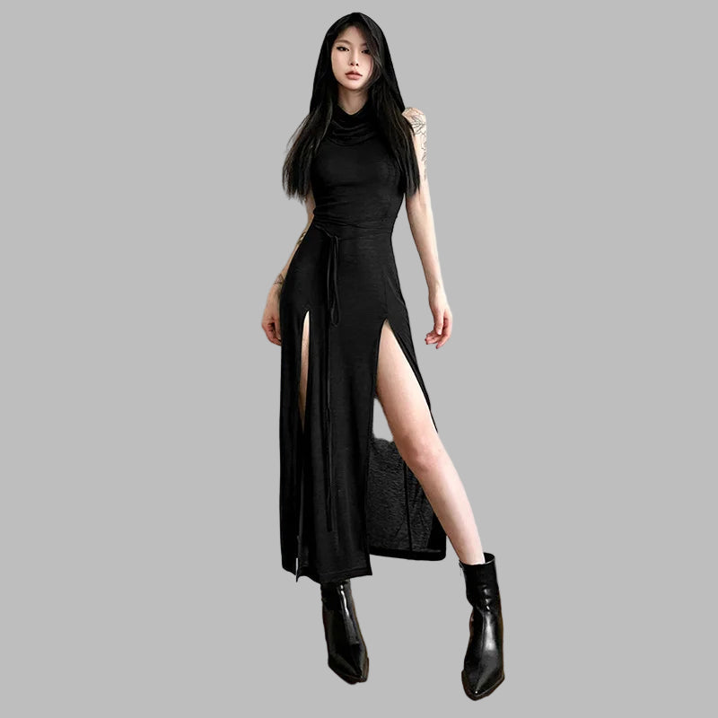 Long Black Rock Dress with Turtleneck and Slits | Gotyka