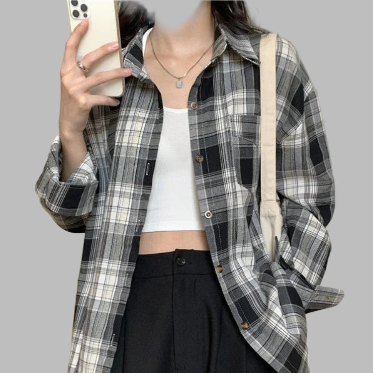 Black and White Oversized Plaid Flannel Punk Rock Shirt | Gotyka