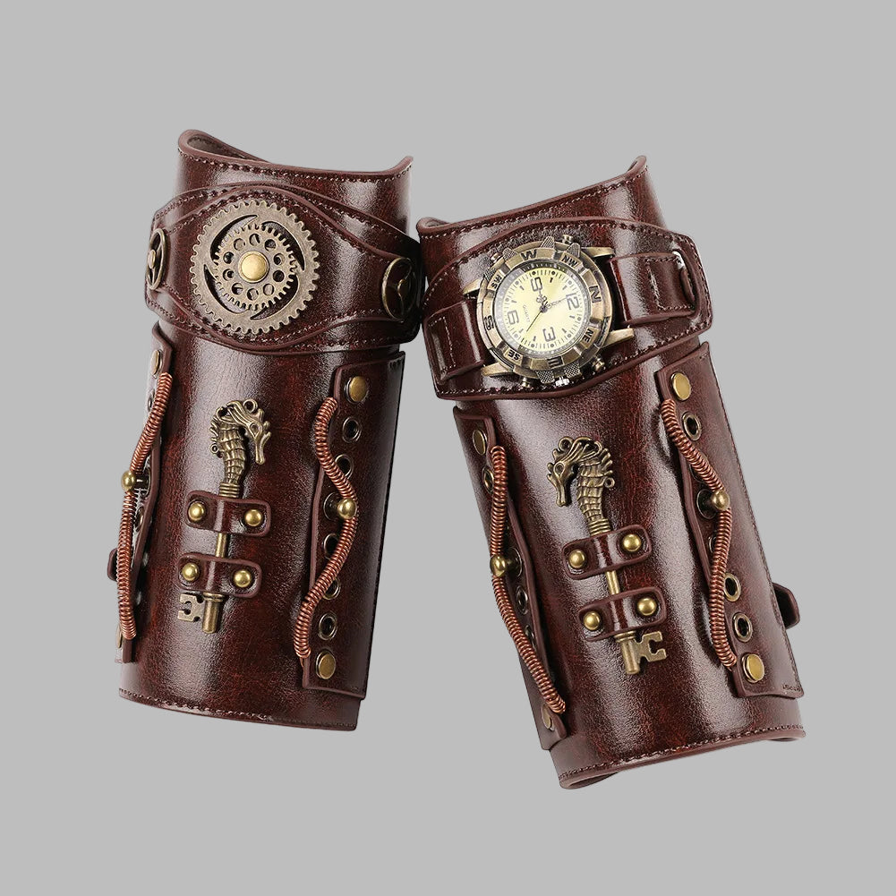 Steampunk Brown Leather Shoulder Pads with Clock and Mechanical Decora ...