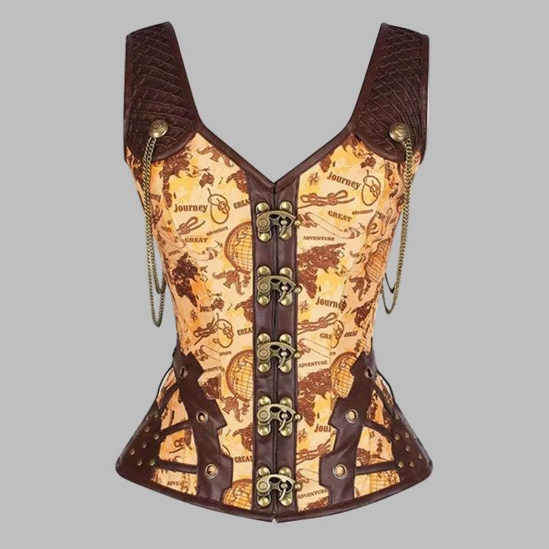 Steampunk Corset with World Map and Chains Brown Vintage | Gotyka