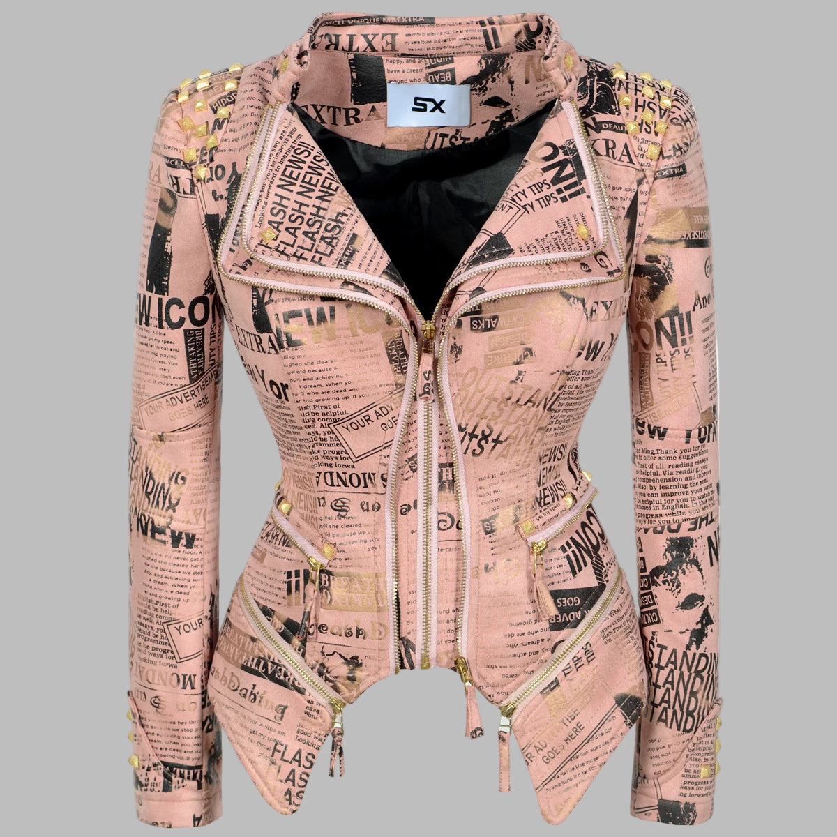 Pink Punk Rock Biker Jacket with Newspaper Print | Gotyka
