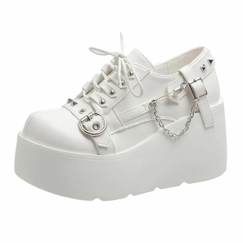 White Platform Punk Shoes with Chains, Studs, and Buckles | Gotyka