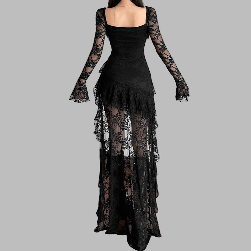 Black Rock Dress with Lace and Asymmetric Hem | Gotyka