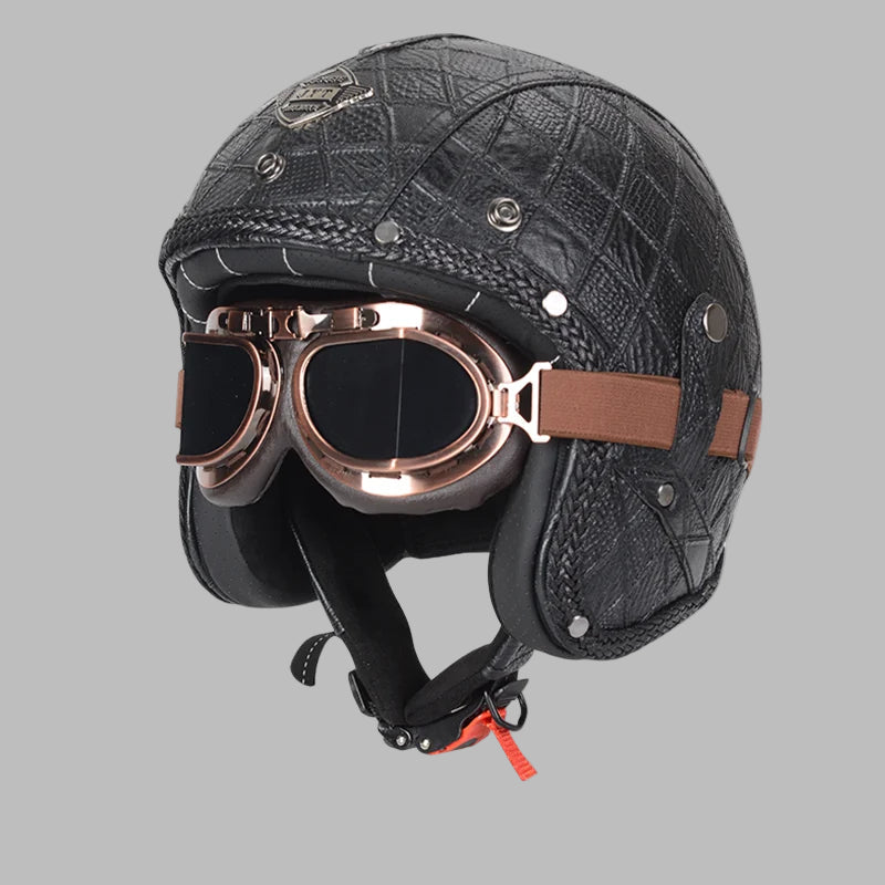 Black Steampunk Motorcycle Helmet with Retro Leather Goggles | Gotyka