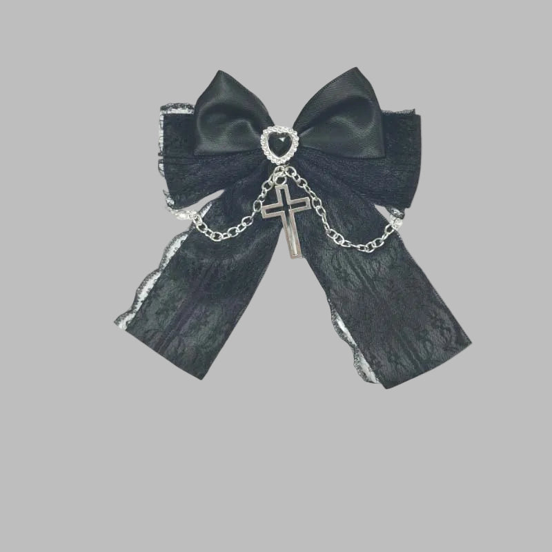 Black Punk Hair Bow with Cross and Chain | Gotyka