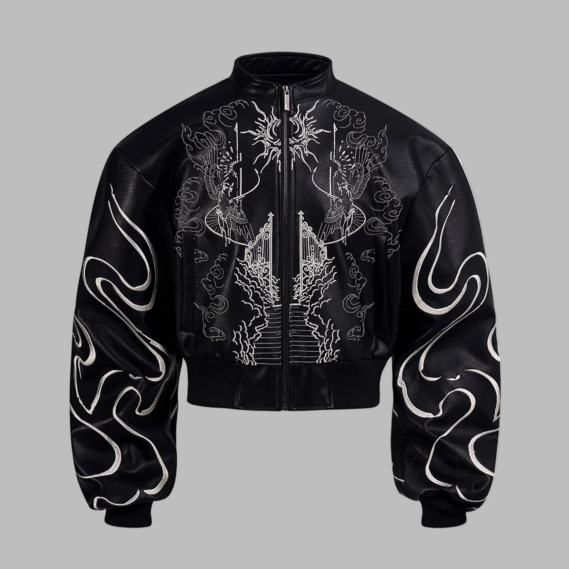 Black Goth Metal Bomber Jacket with Angel and Sky Embroidery | Gotyka
